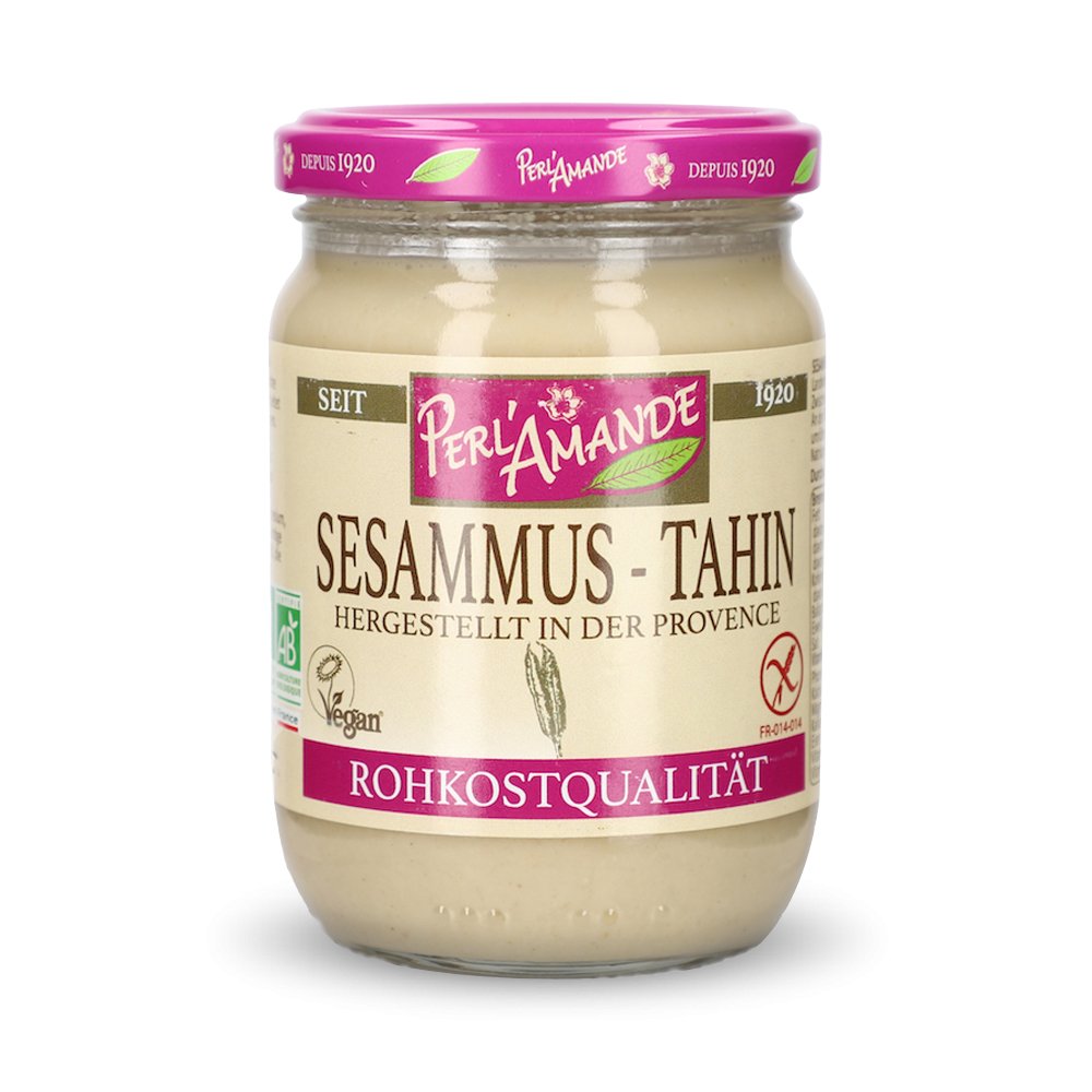 Purée de sésame bio Perl'Amande (Tahin), aliment cru blanc, meule de ...