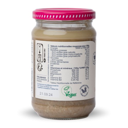 Purée de sésame bio Perl'Amande (Tahin), aliment cru, mélange, meule de ...